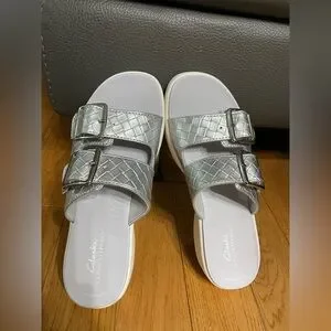 Clarks | Shoes | Clarks Silver Slide Sandals With Adjustable Straps ...